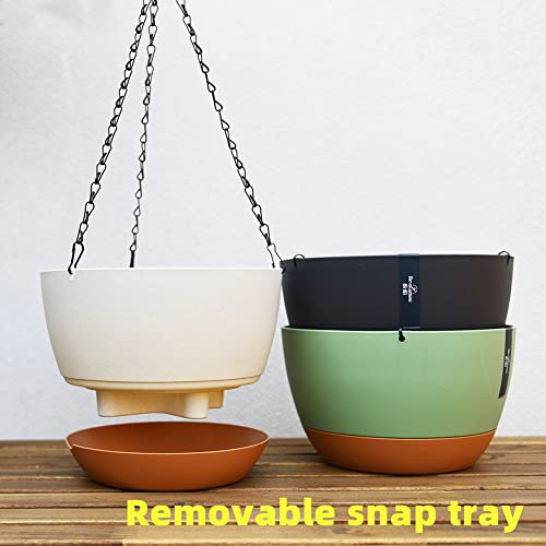 3 Pack Plastic Hanging Planters Set ,8.3 Inch Hanging Flower Plant Pot with Drainage Hole for Indoor Outdoor Plants, Round Hanging Basket with Removable Tray for Home Garden Porch Balcony Patio Decor