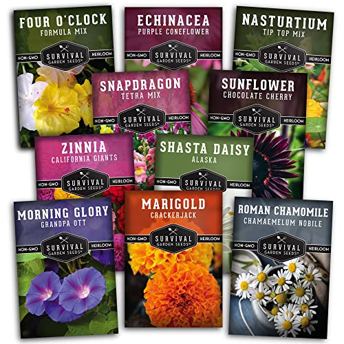 10 Flower Collection - Four O’Clock, Chamomile, Shasta Daisy, Echinacea Coneflower, Marigold, Morning Glory, Nasturtium, Snapdragon, Sunflower Zinnia - Non-GMO Heirloom Survival Garden Seeds