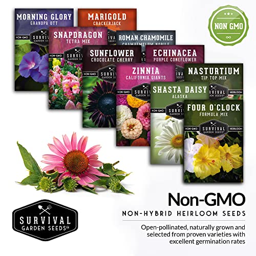 10 Flower Collection - Four O’Clock, Chamomile, Shasta Daisy, Echinacea Coneflower, Marigold, Morning Glory, Nasturtium, Snapdragon, Sunflower Zinnia - Non-GMO Heirloom Survival Garden Seeds