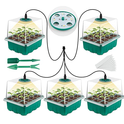 Seed Starter Tray with Grow Light, NEWKITS Plant Germination Starter Kit Seed Starter kit with Humidity Dome and Base for Greenhouse Grow Wheatgrass Hydroponic(12 Cells per Tray) (with Grow Lights)