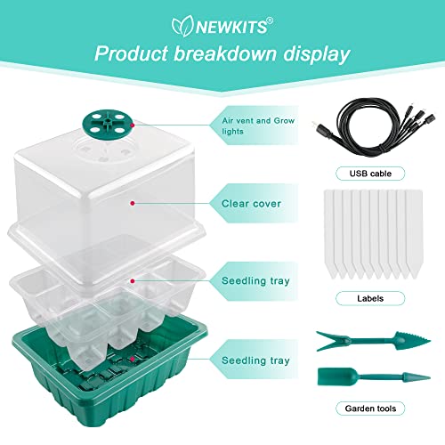 Seed Starter Tray with Grow Light, NEWKITS Plant Germination Starter Kit Seed Starter kit with Humidity Dome and Base for Greenhouse Grow Wheatgrass Hydroponic(12 Cells per Tray) (with Grow Lights)