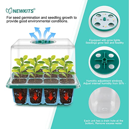 Seed Starter Tray with Grow Light, NEWKITS Plant Germination Starter Kit Seed Starter kit with Humidity Dome and Base for Greenhouse Grow Wheatgrass Hydroponic(12 Cells per Tray) (with Grow Lights)