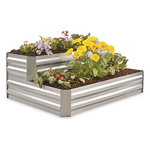 CASTLECREEK Galvanized Stair Planter Box Elevated Raised Garden Bed 2-Tier Outdoor Flowers, Herbs, Vegetable Planting Boxes Gardening Container, 47.25" l. x 35.5" w.