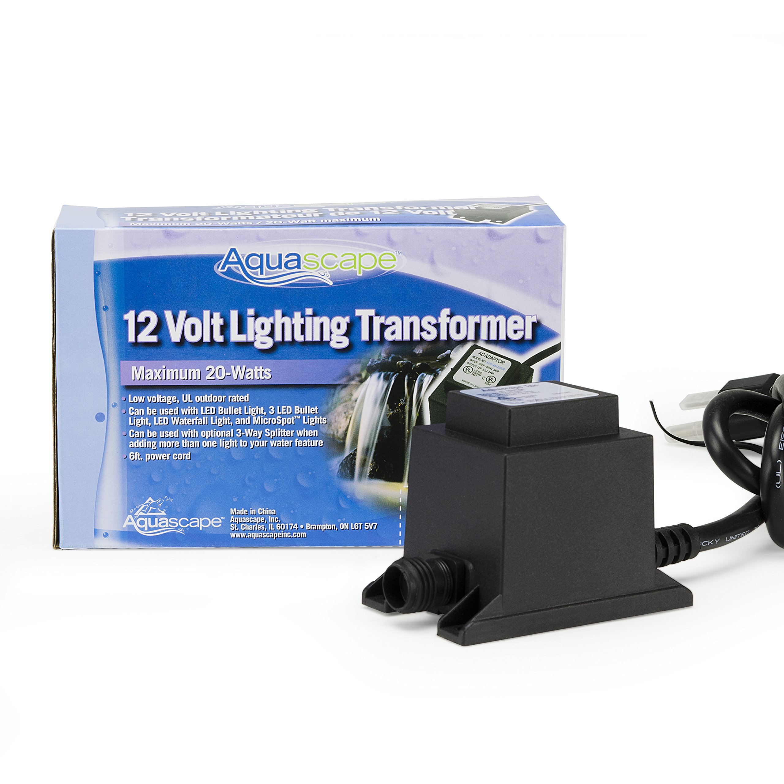 Aquascape 98485 Plug-in Garden, Pond, and Fountain Lighting 12V Quick-Connect Transformer, 20-Watt, Black