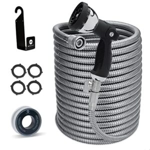 morvat stainless steel expandable garden hose 100 ft, metal water hose garden hose water pipe flexible hose on/off brass connection, 10 pattern hose sprayer nozzle, hose holder, washers & teflon tape