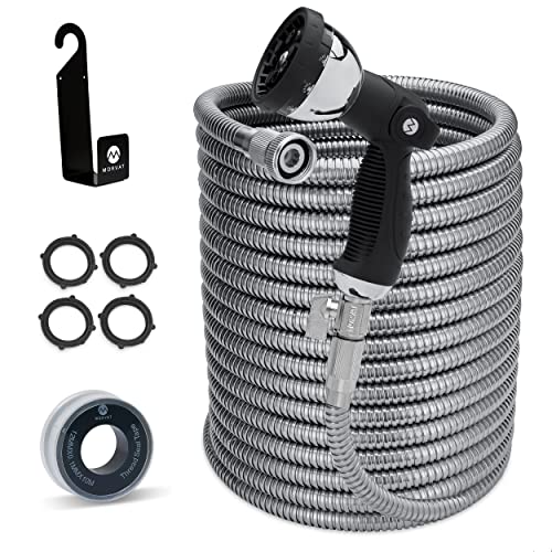 Morvat Stainless Steel Expandable Garden Hose 100 FT, Metal Water Hose Garden hose Water Pipe Flexible Hose ON/OFF Brass Connection, 10 Pattern Hose Sprayer Nozzle, Hose Holder, Washers & Teflon Tape