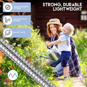 Morvat Stainless Steel Expandable Garden Hose 100 FT, Metal Water Hose Garden hose Water Pipe Flexible Hose ON/OFF Brass Connection, 10 Pattern Hose Sprayer Nozzle, Hose Holder, Washers & Teflon Tape