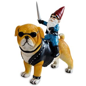 jhwkjs garden gnome statue holding sword, funny garden gnome riding dog outdoor statue decoration indoor outdoor lawn figurines for home patio yard garden decor, housewarming garden gift