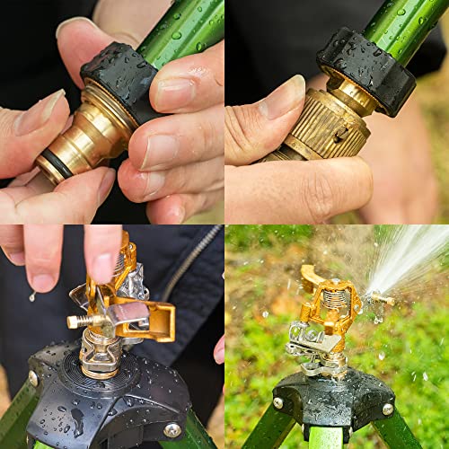 Hourleey Impact Sprinkler on Tripod Base, 2 Pack Heavy Duty Sprinklers for Lawn Yard Garden, 0-360 Degree Large Area Coverage, 3/4 Inch Connector Extension Legs Flip Locks with Brass Head