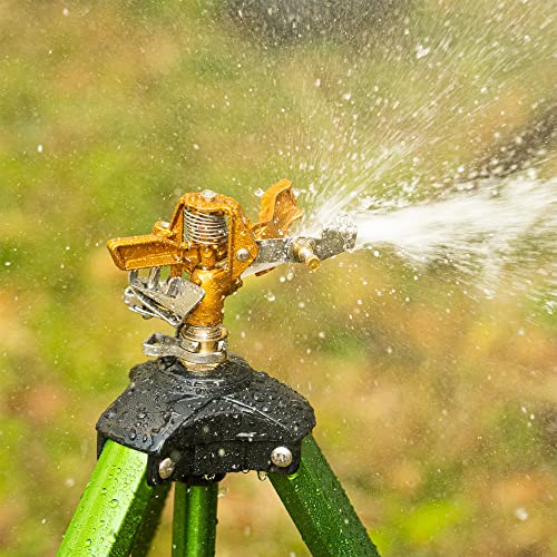 Hourleey Impact Sprinkler on Tripod Base, 2 Pack Heavy Duty Sprinklers for Lawn Yard Garden, 0-360 Degree Large Area Coverage, 3/4 Inch Connector Extension Legs Flip Locks with Brass Head