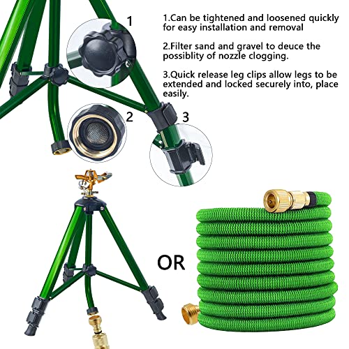 Hourleey Impact Sprinkler on Tripod Base, 2 Pack Heavy Duty Sprinklers for Lawn Yard Garden, 0-360 Degree Large Area Coverage, 3/4 Inch Connector Extension Legs Flip Locks with Brass Head