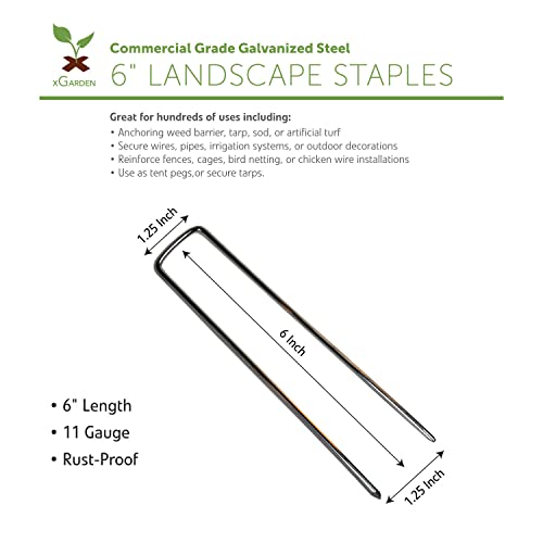 xGarden Landscape Staples - Rust Proofed Galvanized Steel Garden Stakes - Bulk 100 Pack of 6 Inch Landscaping Pins for Anchoring Sod, Fences, Tarps, Yard Fabric, and Decorations