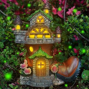 forup 10 inch fairy house garden statues with boots, fairy garden decor house kit, solar powered lights garden figurine for outdoor patio lawn yard garden decorations