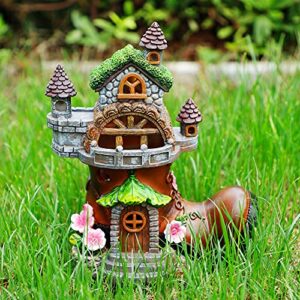 FORUP 10 Inch Fairy House Garden Statues with Boots, Fairy Garden Decor House Kit, Solar Powered Lights Garden Figurine for Outdoor Patio Lawn Yard Garden Decorations