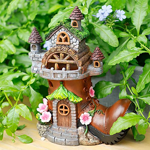 FORUP 10 Inch Fairy House Garden Statues with Boots, Fairy Garden Decor House Kit, Solar Powered Lights Garden Figurine for Outdoor Patio Lawn Yard Garden Decorations