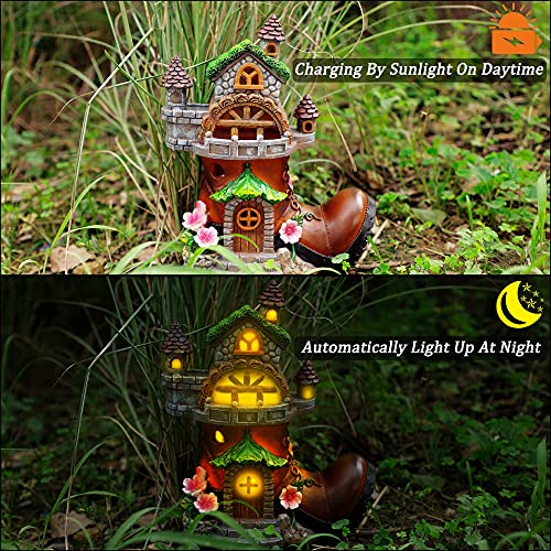 FORUP 10 Inch Fairy House Garden Statues with Boots, Fairy Garden Decor House Kit, Solar Powered Lights Garden Figurine for Outdoor Patio Lawn Yard Garden Decorations