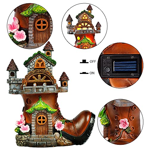 FORUP 10 Inch Fairy House Garden Statues with Boots, Fairy Garden Decor House Kit, Solar Powered Lights Garden Figurine for Outdoor Patio Lawn Yard Garden Decorations