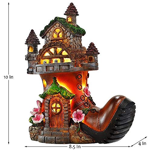 FORUP 10 Inch Fairy House Garden Statues with Boots, Fairy Garden Decor House Kit, Solar Powered Lights Garden Figurine for Outdoor Patio Lawn Yard Garden Decorations