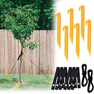 wanzhu tree stake kits – 6pcs 11.4” yellow anchoring stakes + 6 straps 65 feet rope enough for 2 finish trees sapling straight healthy growth outdoor garden yard plant fix