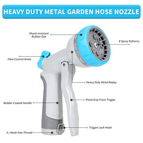 Garden-Hose-Nozzle,NARUNDREN Heavy-Duty Metal Water Hose Nozzle with 8 Adjustable Spray Patterns, HIGH-Pressure Hose Nozzle for Watering Garden Washing Cars and Showering Pets