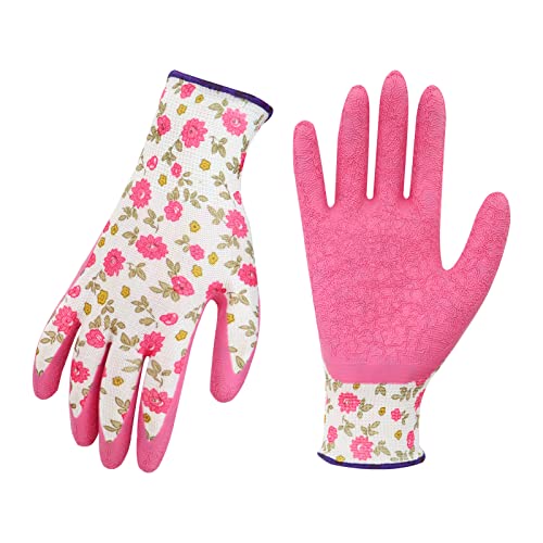 GECP Gardening Gloves for Women, Breathable Rubber Coated, 12 Pairs Floral Yard Garden Work Gloves Pink Small