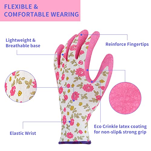 GECP Gardening Gloves for Women, Breathable Rubber Coated, 12 Pairs Floral Yard Garden Work Gloves Pink Small