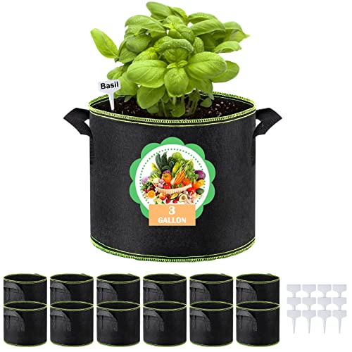 DECORLIFE 12-Pack Grow Bags, 3 Gallon Thickened Nonwoven Fabric Pots with Handles, Black, Come with Plant Labels