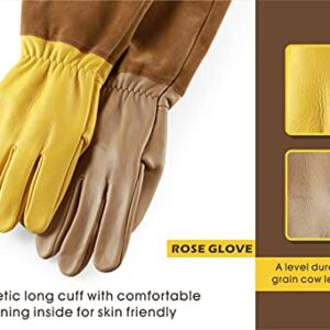 FOUR-AM 2Pairs Gardening Gloves Cut Proof Elbow Length Cowhide Leather Garden gloves women size (Yellow&Belge, Large(Yellow 1Pair))