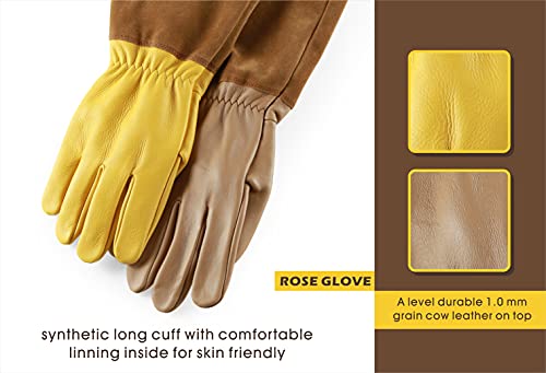 FOUR-AM 2Pairs Gardening Gloves Cut Proof Elbow Length Cowhide Leather Garden gloves women size (Yellow&Belge, Large(Yellow 1Pair))