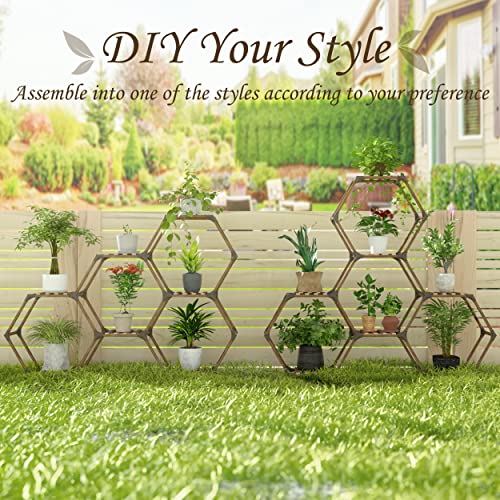 Allinside Hexagonal Plant Stand Indoor, Wood Outdoor Plant Shelf for Plants, 7 Potted Ladder Plant Holder Transformable Plant Pot Stand for Corner Window Garden Balcony Living Room - 7 Tiers