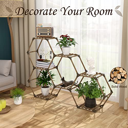 Allinside Hexagonal Plant Stand Indoor, Wood Outdoor Plant Shelf for Plants, 7 Potted Ladder Plant Holder Transformable Plant Pot Stand for Corner Window Garden Balcony Living Room - 7 Tiers