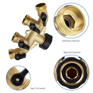 Brass Hose Splitter 4 Way, 3/4" Garden Hose Faucet Manifold, Hose Spigot Adapter 4 Valves with 5 Extra Rubber Washers