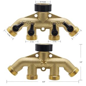 Brass Hose Splitter 4 Way, 3/4" Garden Hose Faucet Manifold, Hose Spigot Adapter 4 Valves with 5 Extra Rubber Washers