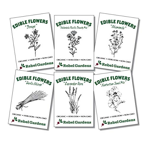 Organic Edible Flower Seeds - Non GMO Variety Pack for Planting Outdoors - Nastrurtium, Lavender, Borage, Chives, Chamomile, Clendula