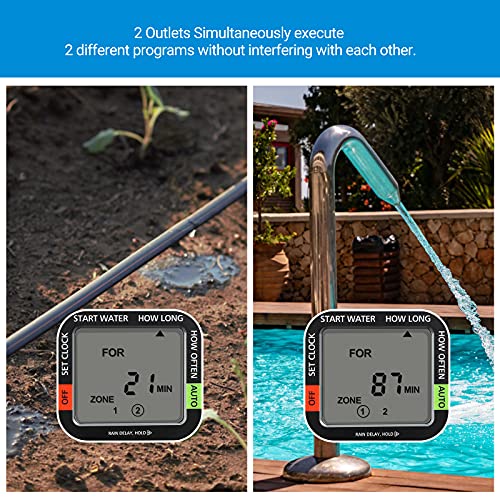 DEWENWILS Sprinkler Timer 2 Zone, Outdoor Garden Water Hose Timer Programmable, Automatic Faucet Watering Irrigation Timer for Yard Lawn, Auto Manual Rain Delay Mode, Low Battery Warning