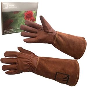 rose pruning gloves, leather garden gloves long gardening gloves for women and men rose gloves cut proof cowhide suede gauntlet brown garden gloves work rose gardening gloves m