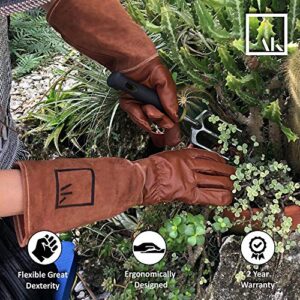 Rose Pruning Gloves, Leather Garden Gloves Long Gardening Gloves for Women and Men Rose Gloves Cut Proof Cowhide Suede Gauntlet Brown Garden Gloves Work Rose Gardening Gloves M