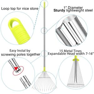 Adjustable Garden Leaf Rake 4.5ft, Collapsible Metal Yard Rake for Leaves with Expandable Head 7-16", Collect Loose Debris for Lawns Camping Shrubs and Rose Bushes Heavy Duty