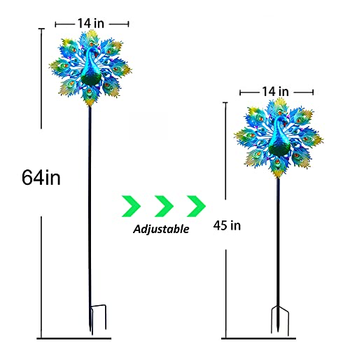 Foooqu Wind Spinner 15 inch Dia 64 inch Peacock Wind Outdoor Metal Garden Lawn Yard Patio Decoration Weather Vane for Garden