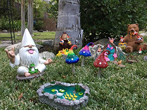 GlitZGlam Rocker Gnome George with Zen Frog - This Garden Gnome Combines Peace, Tranquility and Rock N Roll for Your Fairy Garden