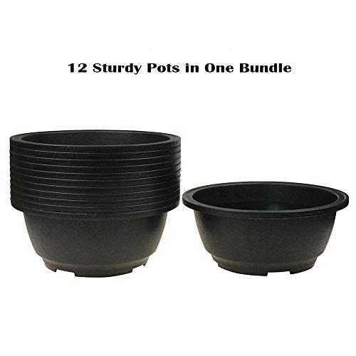 MUZHI 12 Pack Matte Finish Black Round Bonsai Bowl Planter Pot with Drainage, Plastic Garden Low Planter Pots 7.8"