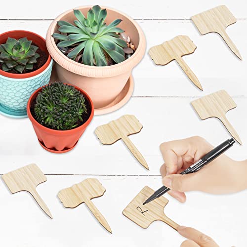 SKADADYL 50 Pcs Bamboo Plant Labels，Garden Plant Labels，Nursery Garden Labels with 1 Pcs Garden Pen (T-Style, 2.76*3.15inch)