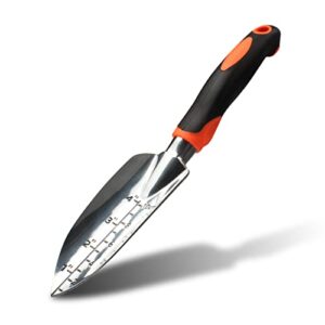 defutay garden trowel with scale, aluminum heavy duty gardening trowel multifunctional dibbler garden tool for planting weeding digging transplanting cutting measuring (orange)