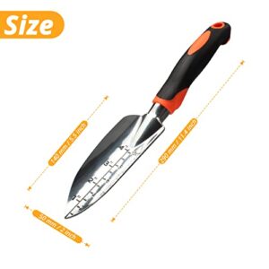 defutay Garden Trowel with Scale, Aluminum Heavy Duty Gardening Trowel Multifunctional Dibbler Garden Tool for Planting Weeding Digging Transplanting Cutting Measuring (Orange)