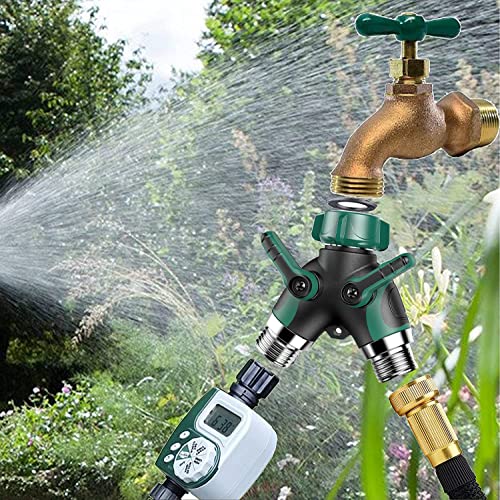 Garden Hose Splitter 2 Way - Heavy Duty Metal Water Hose Splitter with Long Handle Shut Off Valves 3/4 Inch Double Y Connector Faucet Splitter for Gardening Hoses 3 Rubber Washers