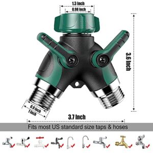 Garden Hose Splitter 2 Way - Heavy Duty Metal Water Hose Splitter with Long Handle Shut Off Valves 3/4 Inch Double Y Connector Faucet Splitter for Gardening Hoses 3 Rubber Washers