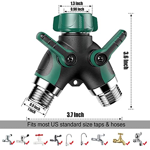 Garden Hose Splitter 2 Way - Heavy Duty Metal Water Hose Splitter with Long Handle Shut Off Valves 3/4 Inch Double Y Connector Faucet Splitter for Gardening Hoses 3 Rubber Washers