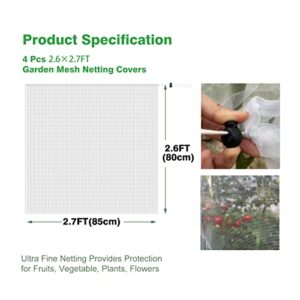 4 Packs Insect Netting Bags for Garden Fruits Plant Tomato Protection Cover Bags with Drawstring 2.6'x2.7' Vegetables Blueberry Orange Guava Mesh Netting Bird Bug Pest Barrier Net Covers