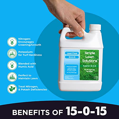 Superior Nitrogen & Potash 15-0-15 NPK- Lawn Food Quality Liquid Fertilizer - Concentrated - Any Grass Type- Simple Lawn Solutions Green, Growth - Lawn and Garden Rates - Phosphorus-Free (1 Quart)