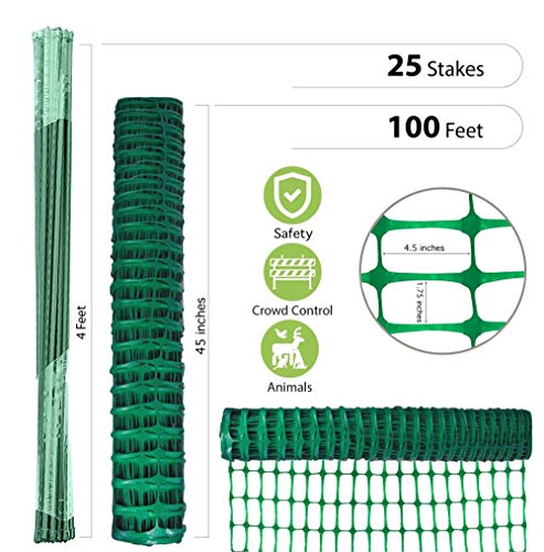 Safety Fence + 25 Steel Plant Stakes, Extra Strength Mesh Snow Fencing, Temporary Green Plastic Garden Netting 4x100 Feet Fence & 25, 4 Foot Stakes, Above Ground Barrier for Construction Dogs Plants